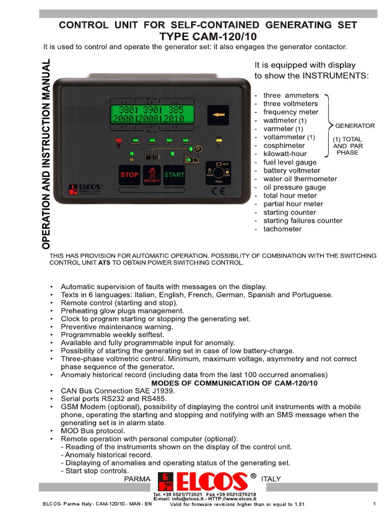 Installation and Operations Manual for the ELCOS- Parma- Italy CAM-120/ ...