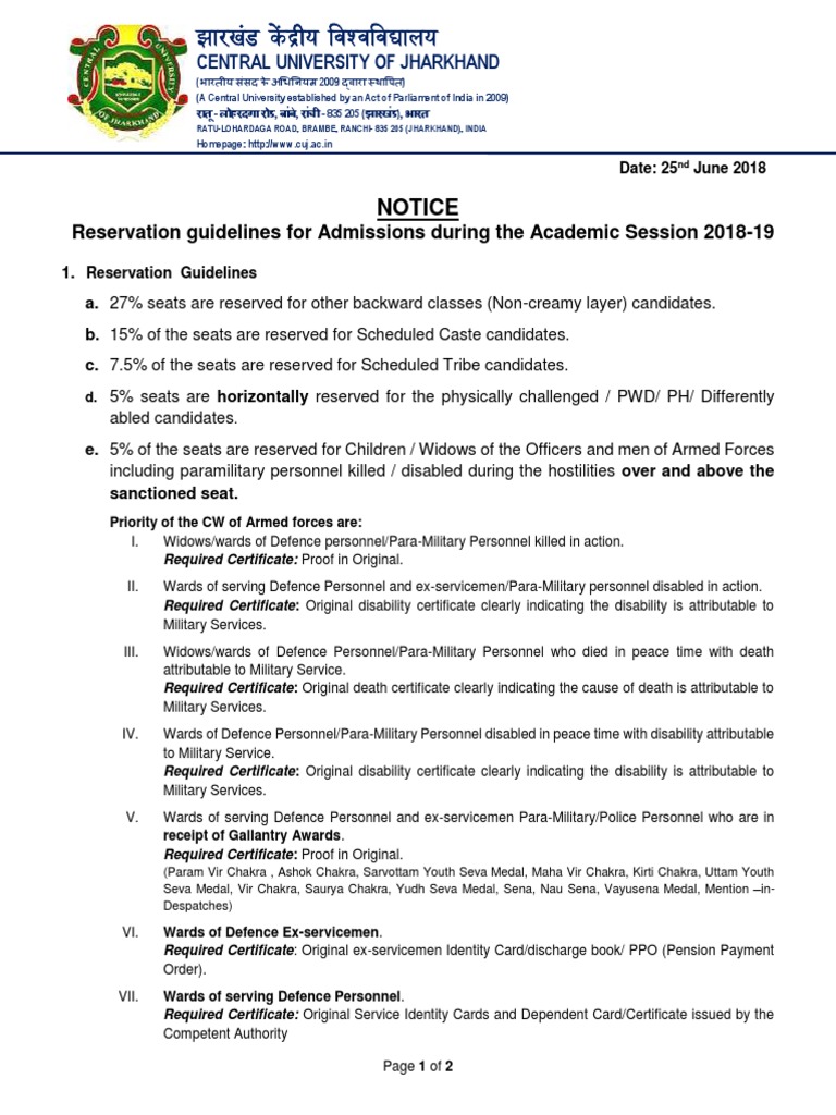 Notice: Reservation Guidelines For Admissions During The Academic ...
