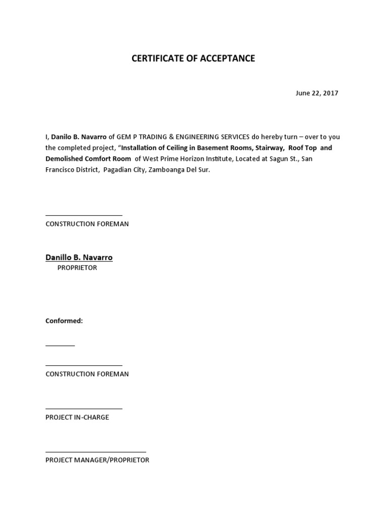 Certificate of Acceptance | PDF