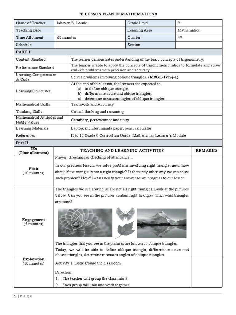7E Lesson Plan in Mathematics 9 | PDF | Angle | Triangle