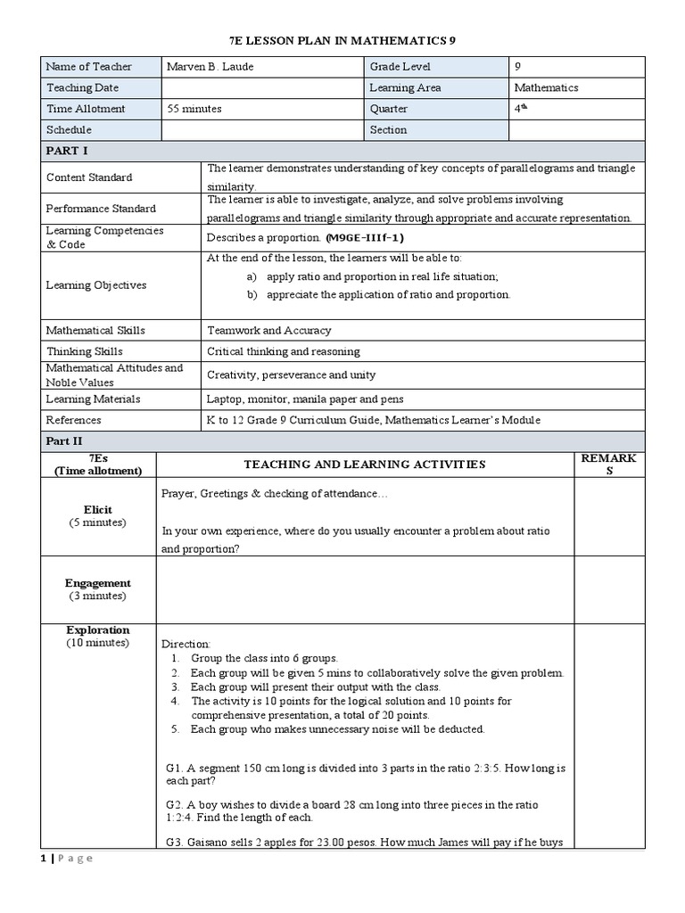 7E Lesson Plan in Mathematics 9: M9Ge-Iiif-1) | PDF | Critical Thinking ...