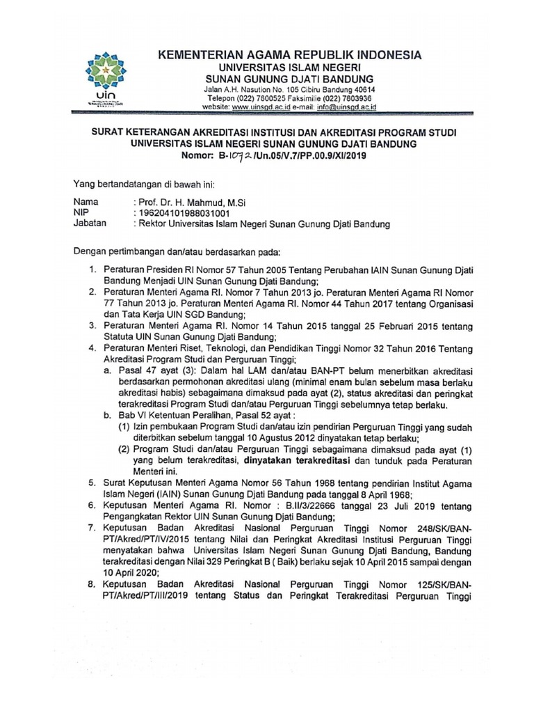 Surat Keterangan Akreditasi APT Dan Prodi UIN SGD Bandung | PDF