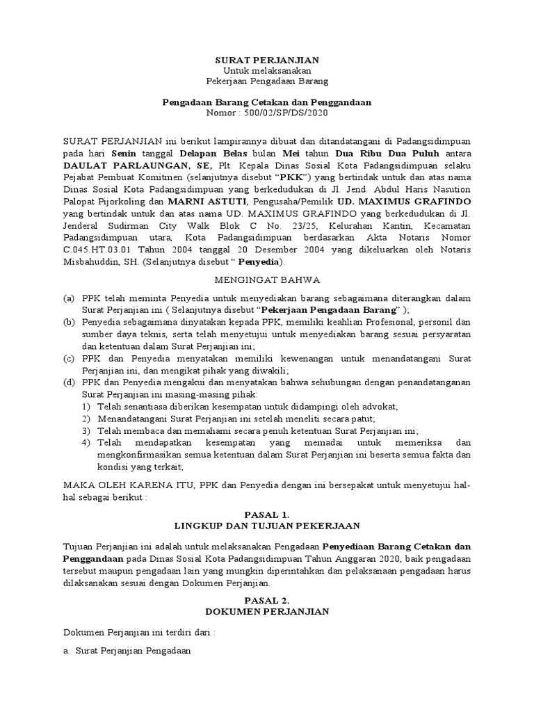 Surat Perjanjian Pekerjaan Pengadaan Barang | PDF