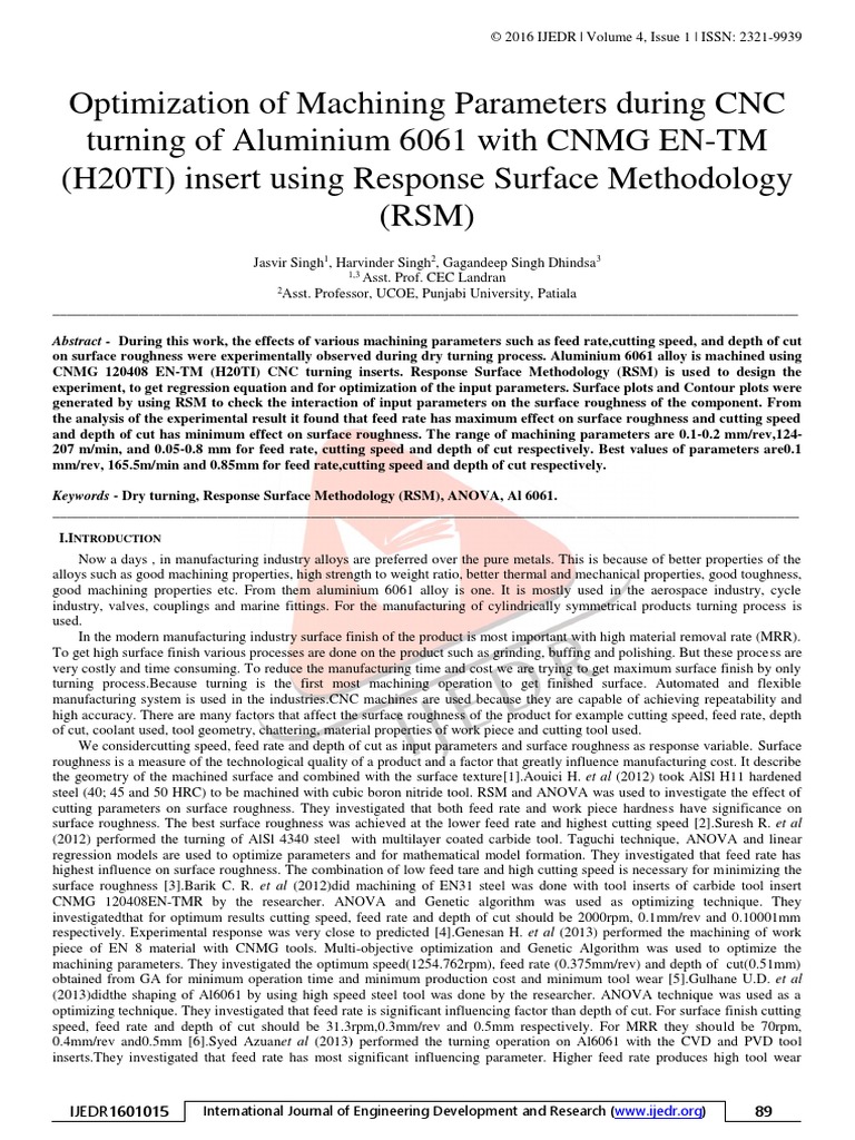 Optimization of Machining Parameters During CNC Turning of Aluminium 6061 With CNMG EN-TM (H20TI ...