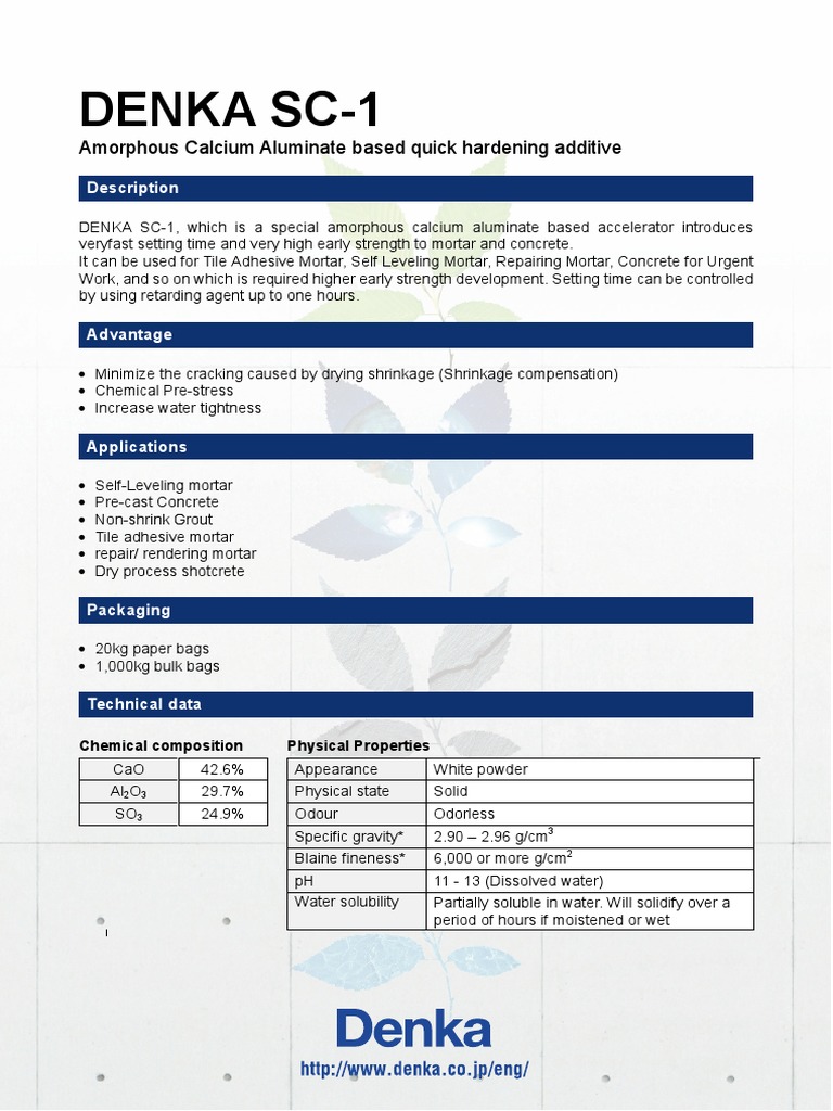 Denka Sc-1: Amorphous Calcium Aluminate Based Quick Hardening Additive | PDF | Mortar (Masonry ...
