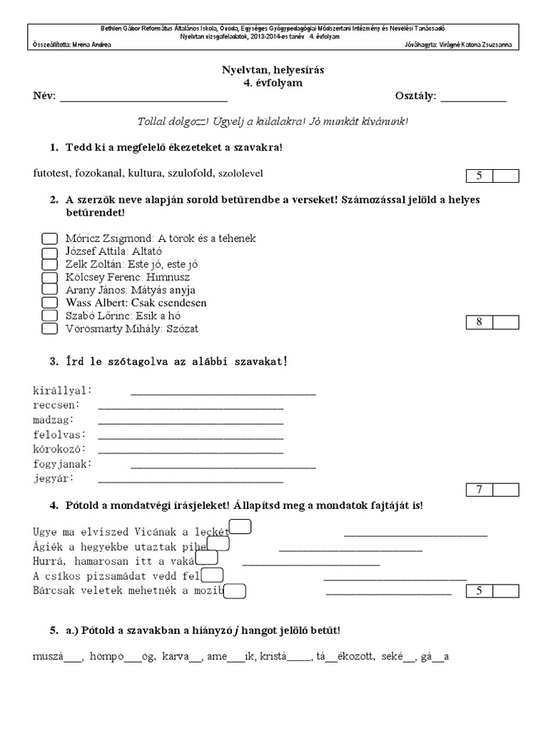 Nyelvtan, Helyesã - Rã¡s 4. Ã©vfolyam. Tollal Dolgozz! Ã - Gyelj A Kã Lalakra! JÃ Munkã¡t Kã ...