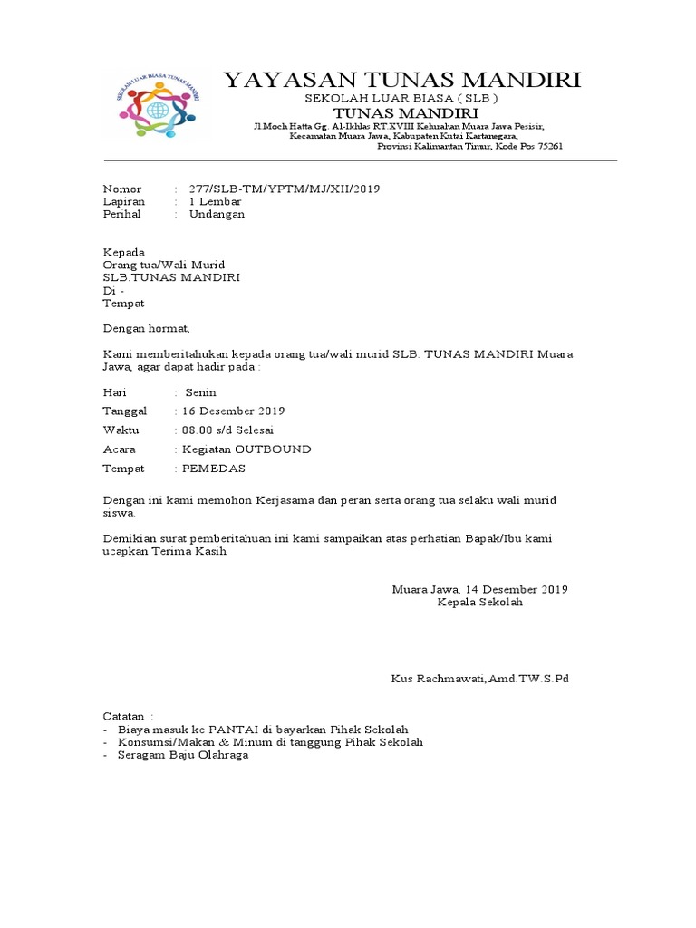 Undangan Kegiatan Outbound SLB Tunas Mandiri | PDF