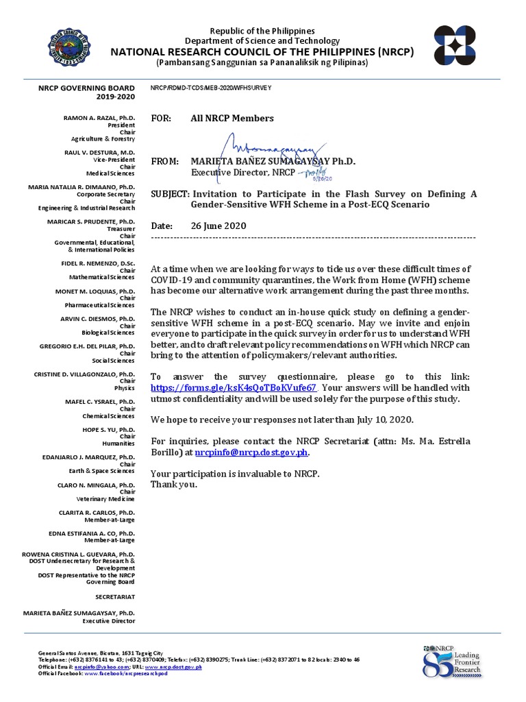 Invitation - NRCP In-House WFH Survey | PDF | Science