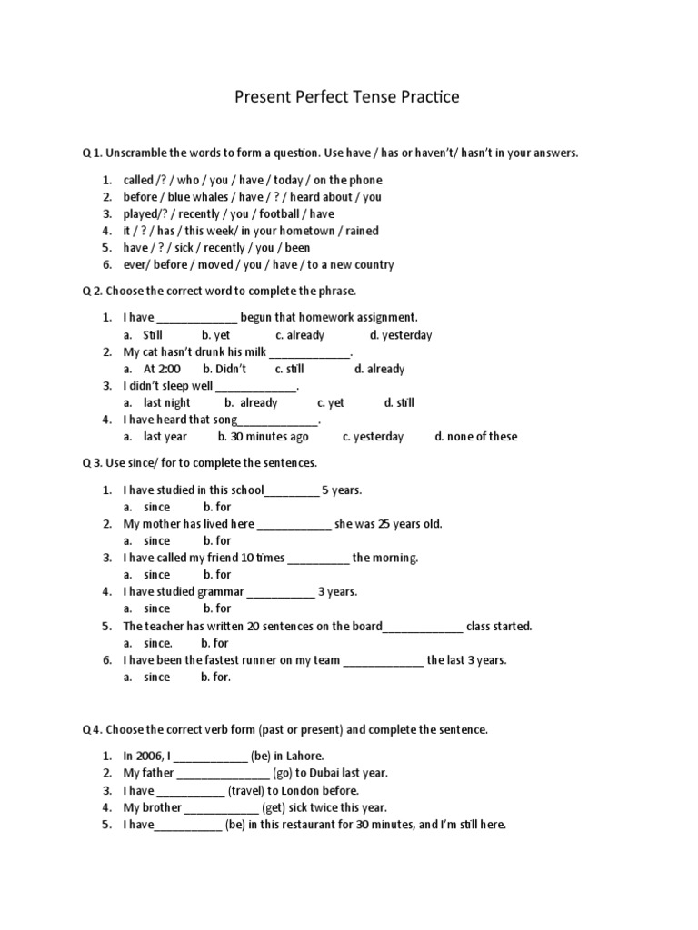 Present Perfect Tense Exercises | PDF | Linguistics | Language Mechanics