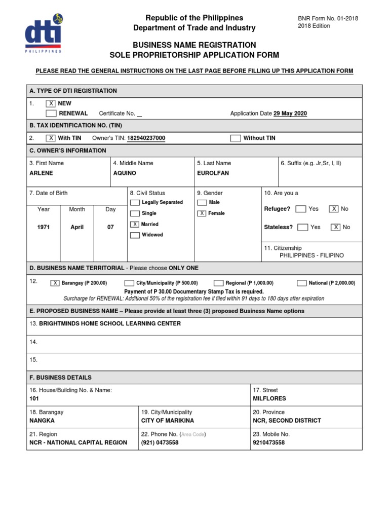 Registration Form for a Sole Proprietorship Business Name with the Department of Trade and ...