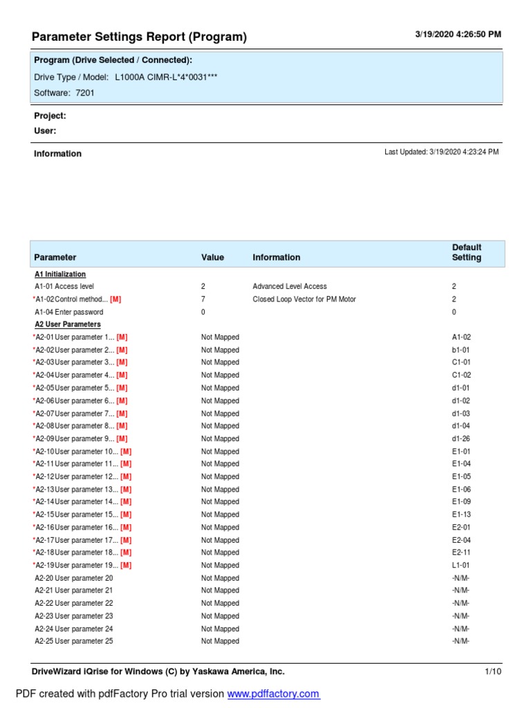 Parameter Settings Report (Program) : Drive Type / Model: Software: 7201 L1000A CIMR-L 4 0031 ...