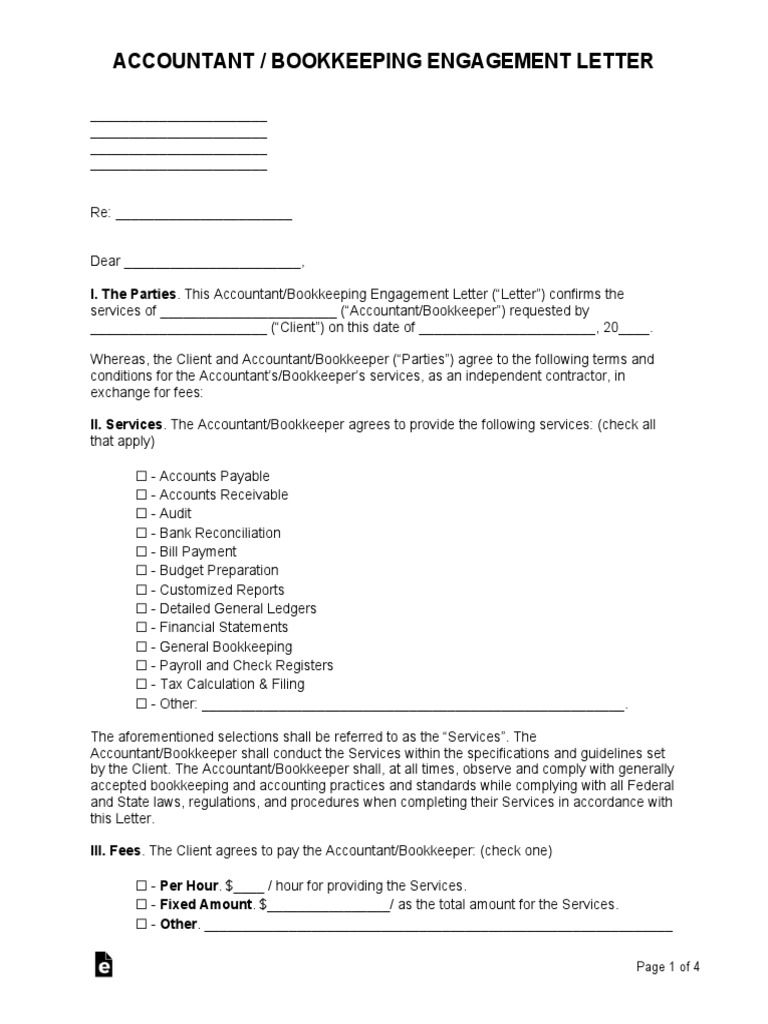 Accountant / Bookkeeping Engagement Letter: Page 1 of 4 | PDF ...