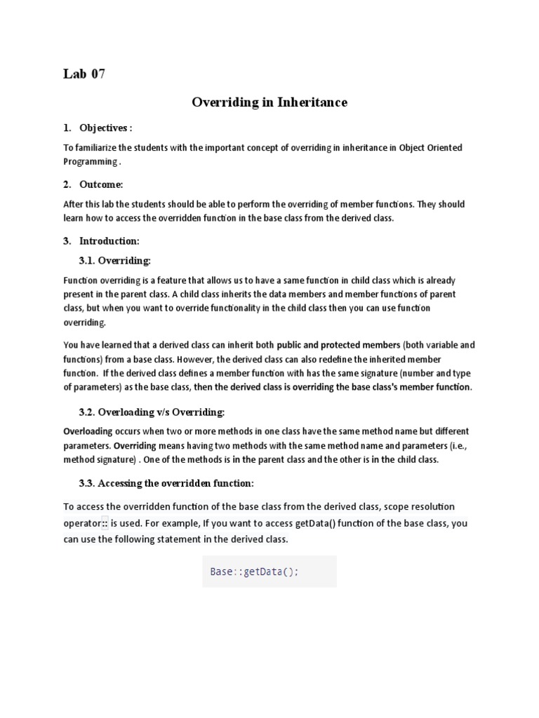 Lab 07 Overriding in Inheritance: 1. Objectives | PDF | Inheritance (Object Oriented Programming ...