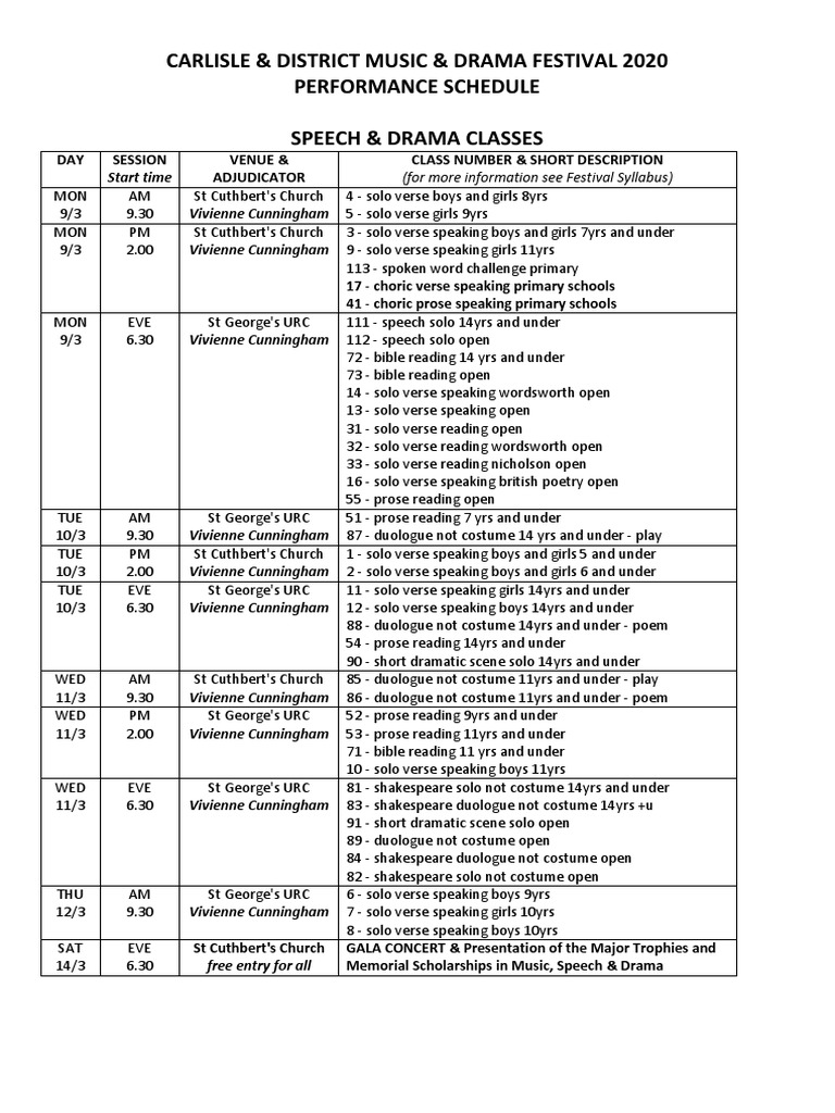 Carlisle & District Music & Drama Festival 2020 Performance Schedule ...