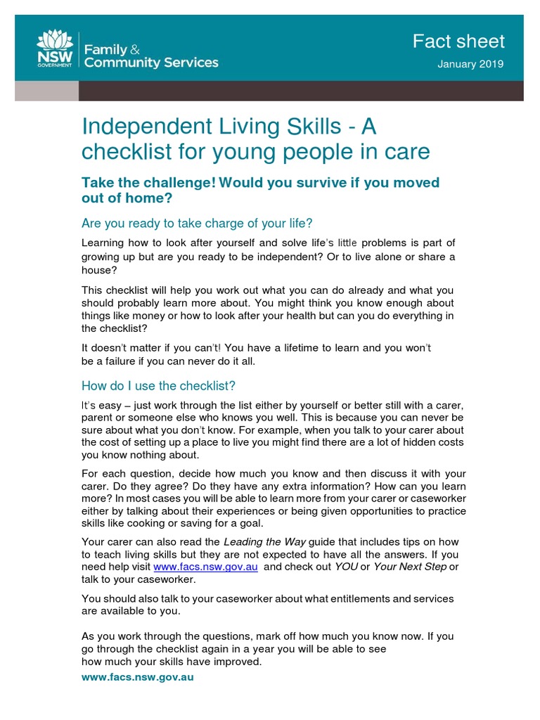 Independent Living Skills Checklist | PDF | Leasehold Estate | Lease