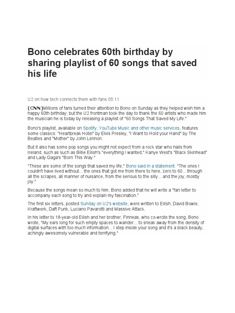 Bono Celebrates 60th Birthday by Sharing Playlist of 60 Songs That ...