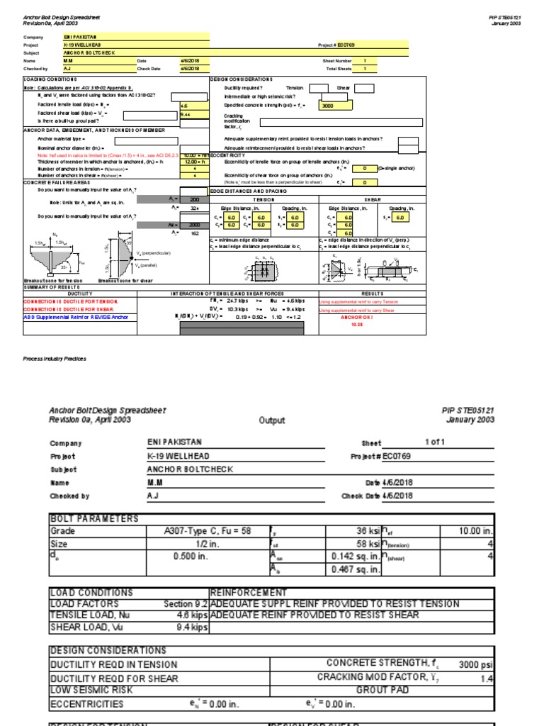 Anchor Bolt Design Spreadsheet Revision 0a, April 2003 | PDF | Strength ...