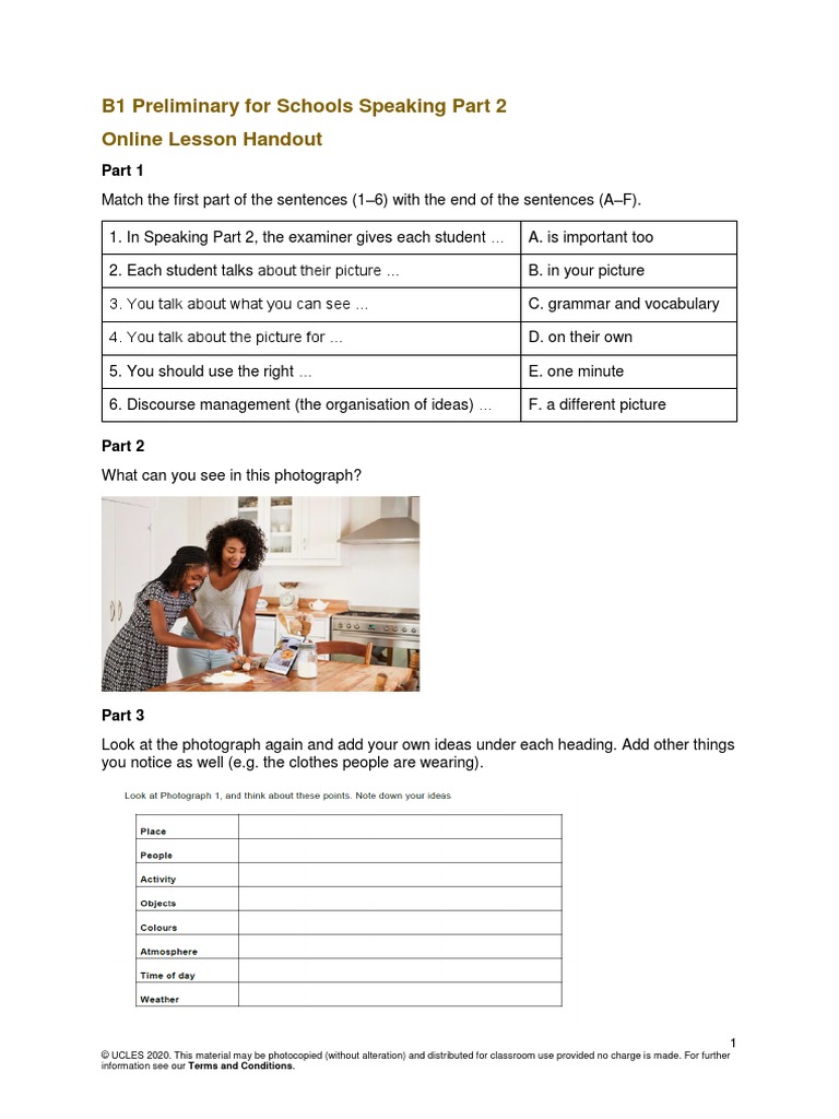 B1 Preliminary For Schools Speaking Part 2 Online Lesson Handout | PDF ...