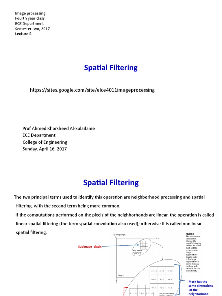 Spatial Filtering: Image Processing Fourth Year Class ECE Department ...