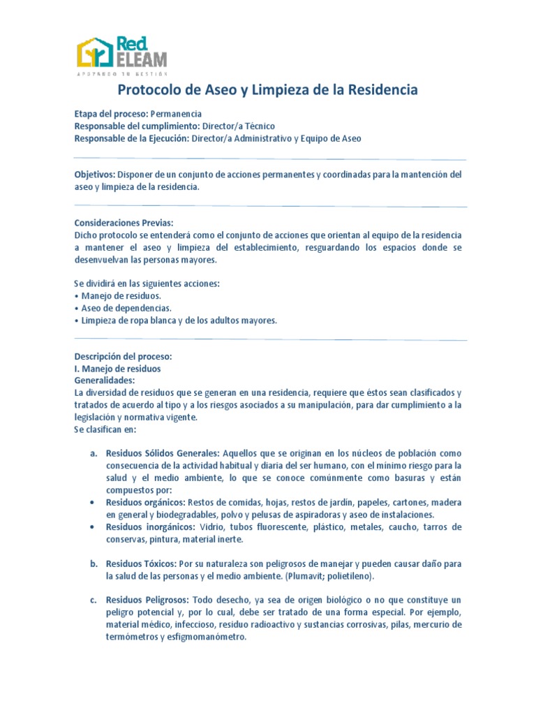 Protocolo de Aseo y Limpieza de La Residencia | PDF | Residuos | Materiales
