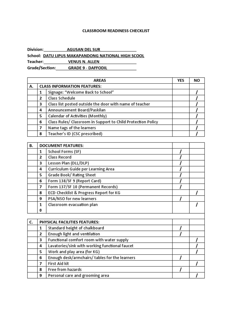 Classroom Readiness Checklist1 | PDF | Classroom