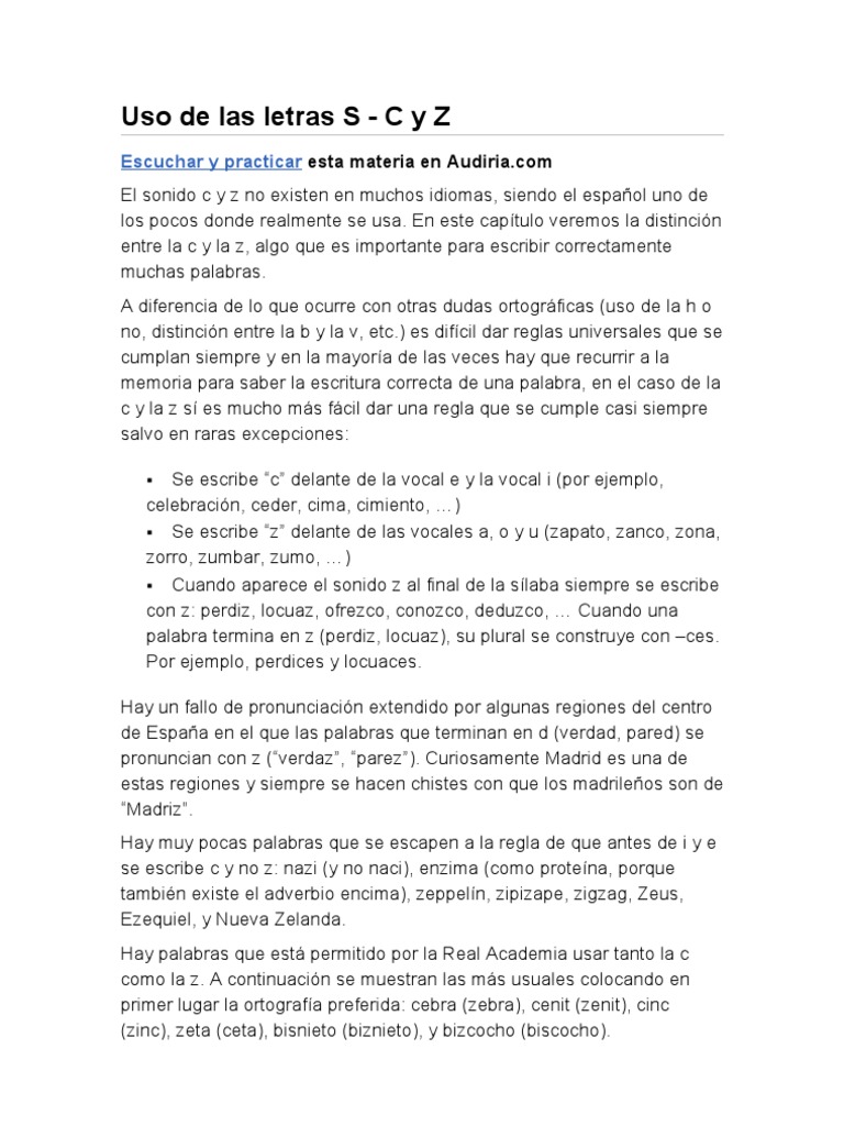 Uso de Las Letras S - C y Z | PDF | Ortografía | Vocal