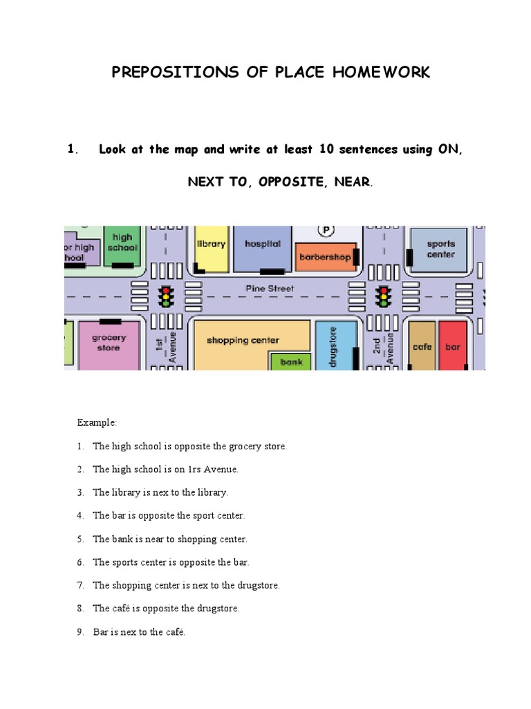 Prepositions of Place Homework | PDF