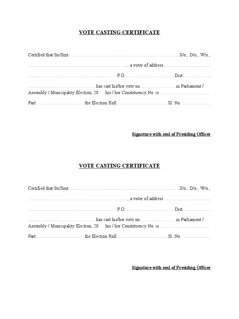 Vote Casting Certificate Template | PDF | Finance & Money Management