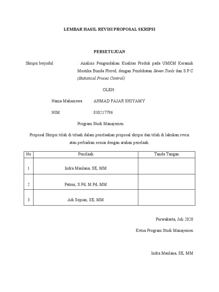 Lembar Persetujuan Hasil Revisi Proposal Skripsi | PDF