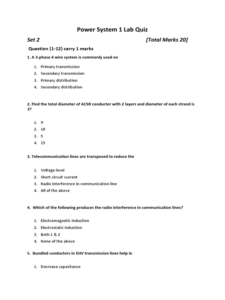 Power System 1 Lab Quiz Set2 | PDF | Electric Power Transmission ...