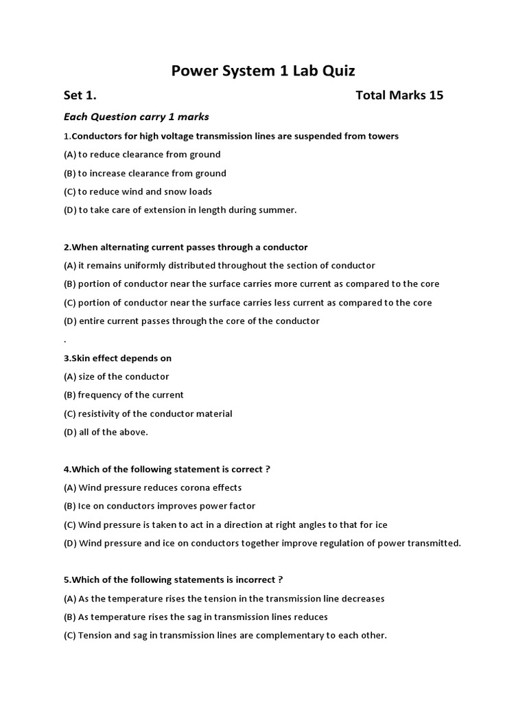 Power System Lab Quiz Set 1 | PDF | Electric Power Transmission ...