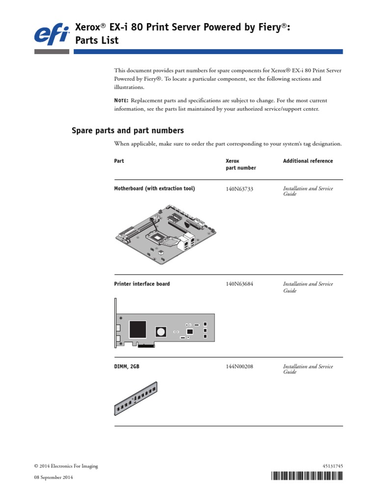 Xerox® EX-i 80 Print Server Powered by Fiery®: Parts List: Spare Parts ...