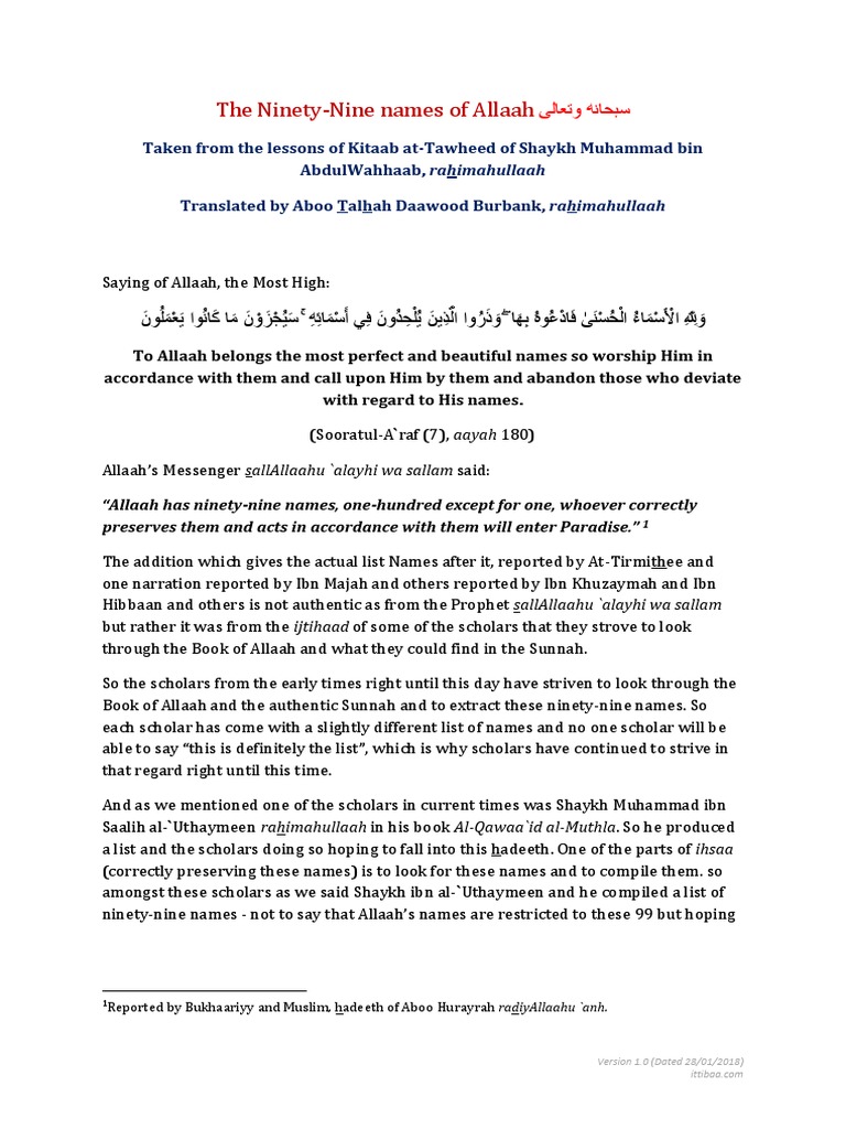 The Ninety-Nine Names of Allaah | PDF | Hadith | Heaven