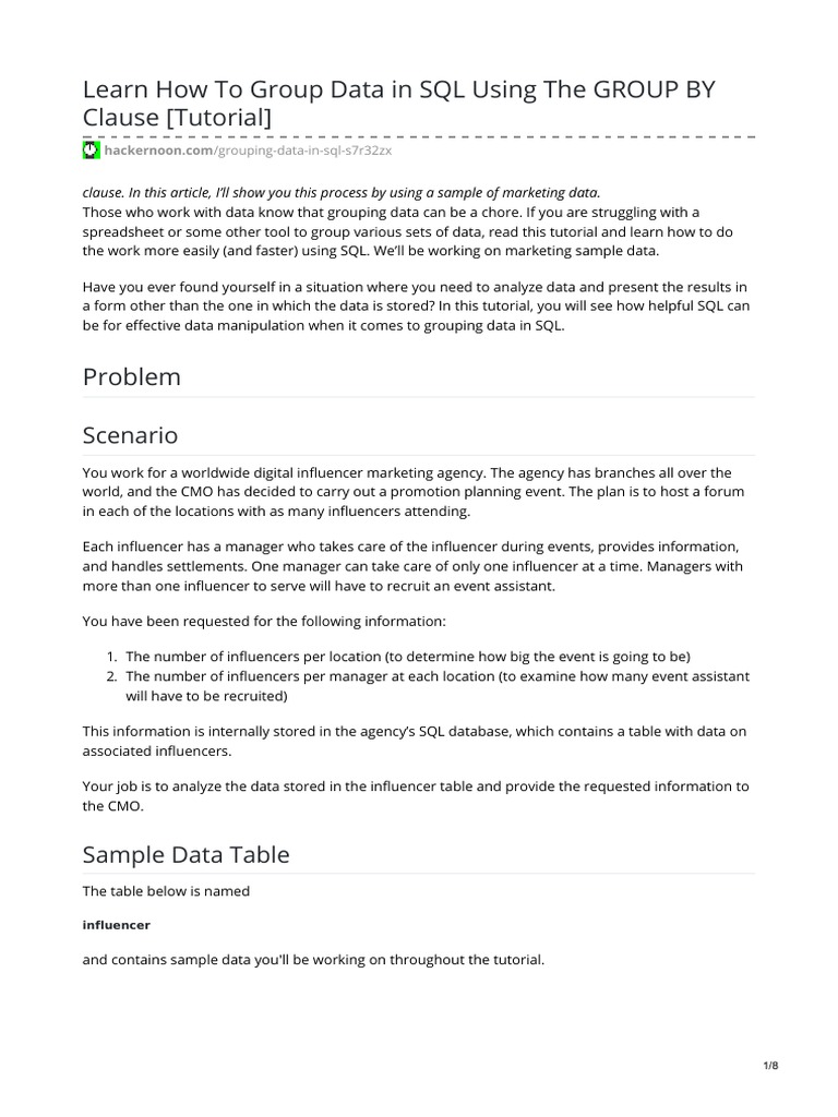 Learn How To Group Data In Sql Using The Group By Clause Tutorial Pdf Data Management
