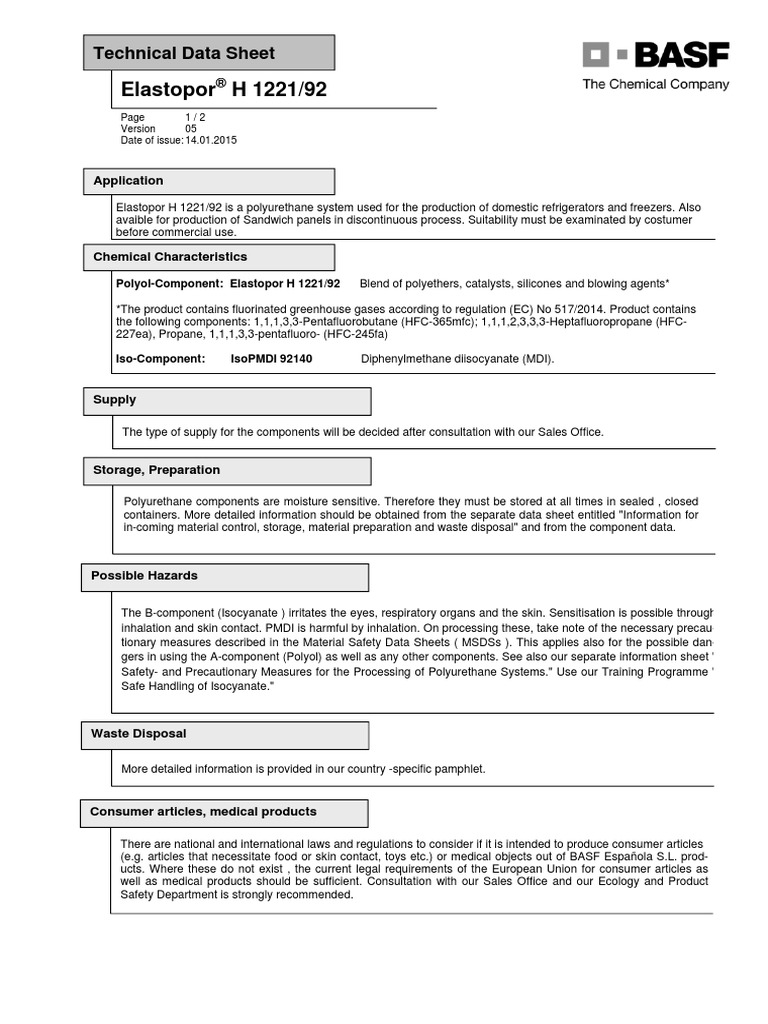 Elastopor H 1221/92: Technical Data Sheet | PDF | Polyurethane | Materials