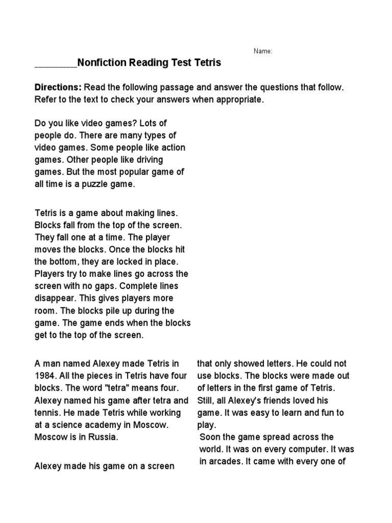 Nonfiction Reading Test Tetris: Directions: Read The Following Passage ...