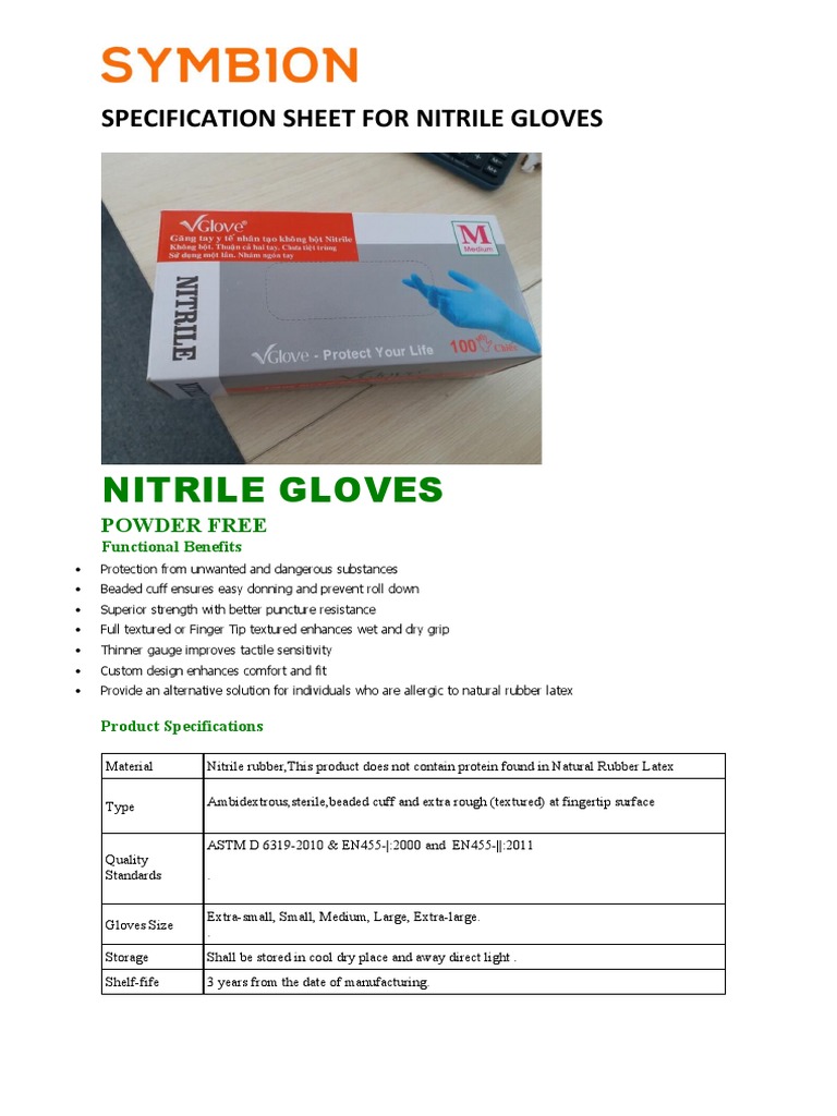 Specification Sheet For Nitrile Gloves | PDF | Chemistry | Materials
