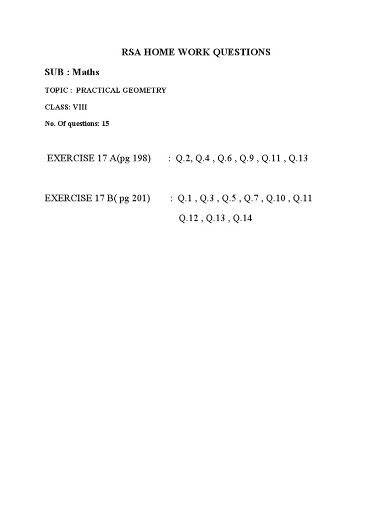 Rsa Home Work Questions SUB: Maths: EXERCISE 17 A (PG 198) : Q.2, Q.4 ...