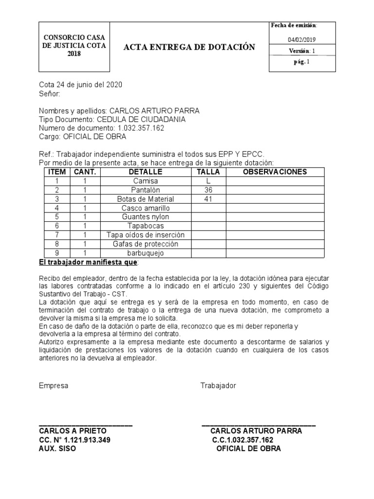 Acta de Entrega de Dotacion | PDF