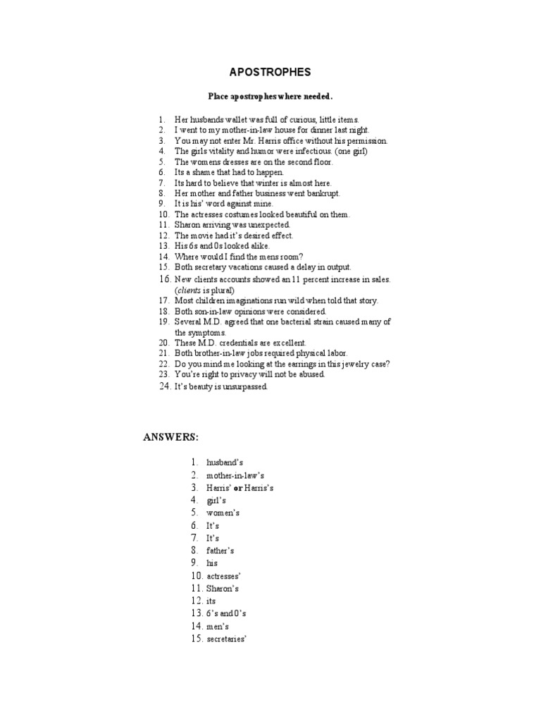 APOSTROPHE-English Grammar Practice Exercise | PDF