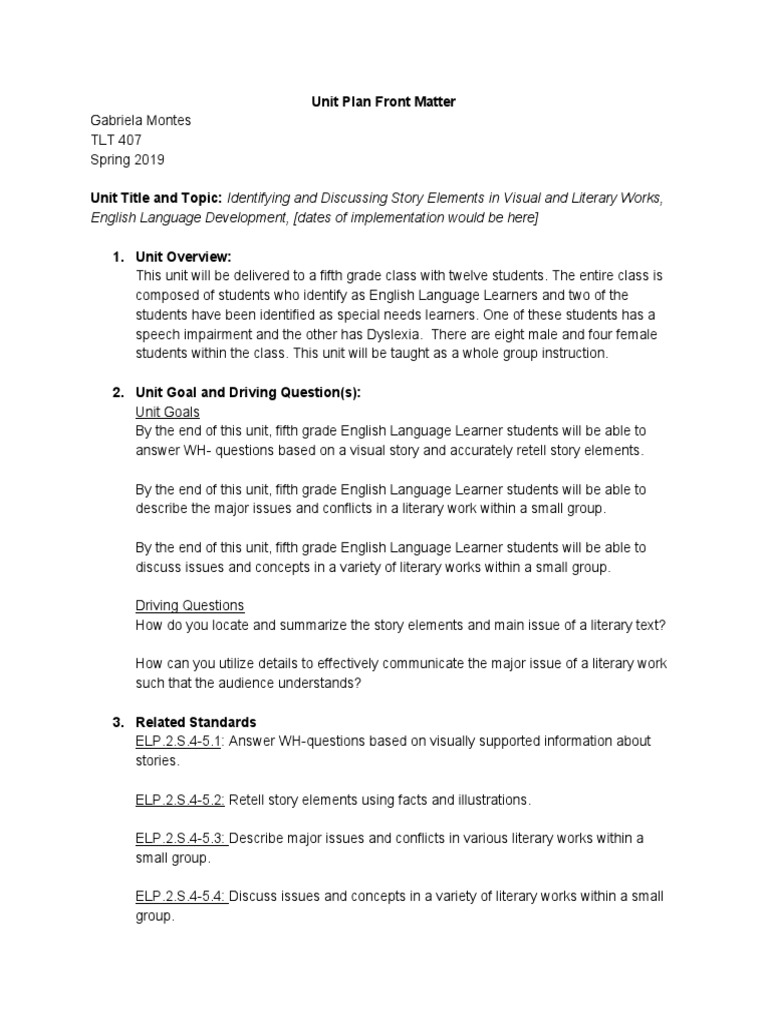 Unit Plan: Identifying and Discussing Story Elements | PDF ...