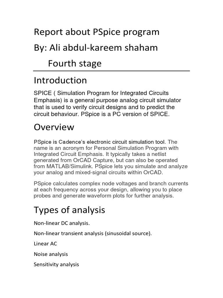 Report About Pspice Program By: Ali Abdul-Kareem Shaham Fourth Stage ...