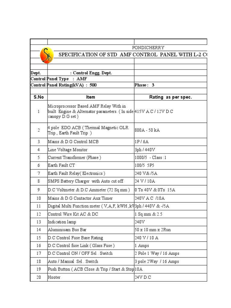 Specification of STD Amf Control Panel With L-2 Controller | PDF | Fuse ...