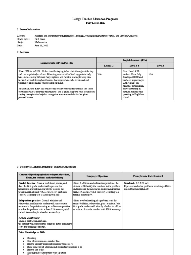Virtual & Physical Manipulatives Math Lesson Plan | PDF ...
