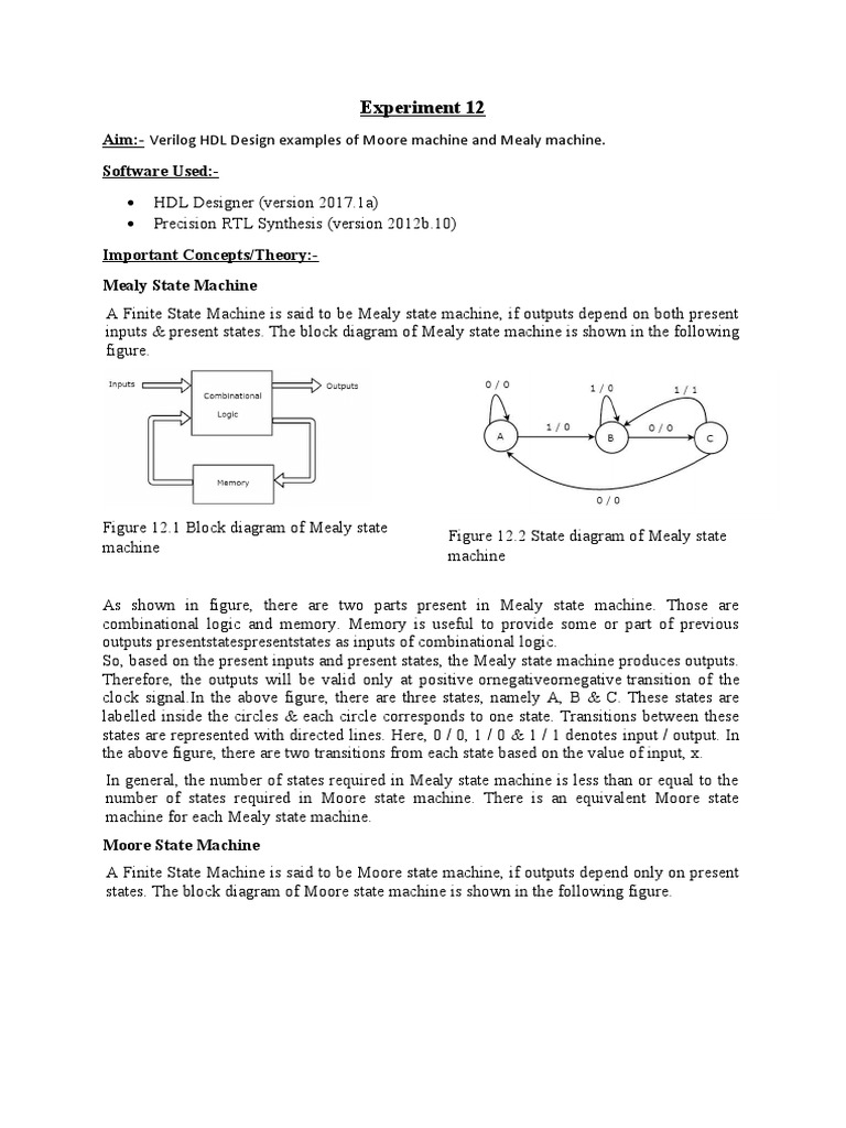 Verilog Hdl Design Of Moore And Mealy Machines Pdf Formal Methods Algorithms