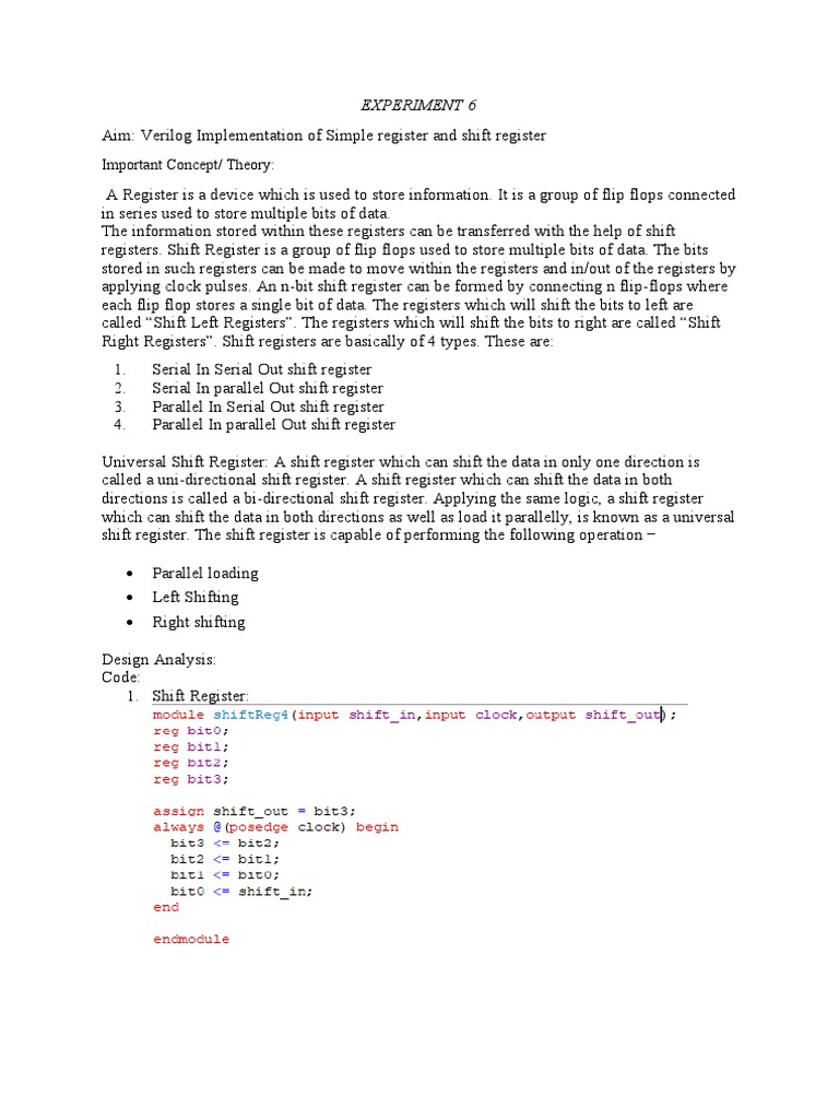 Verilog Implementation of Simple Register and Shift Register | PDF
