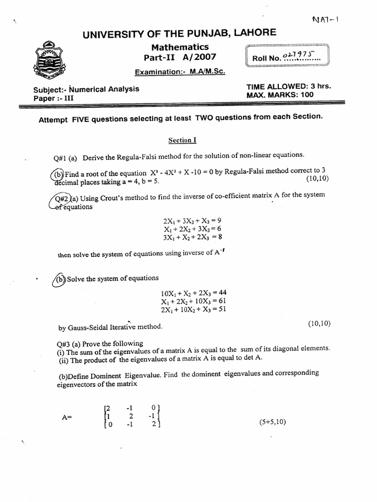 III 2 Numerical Analysis A2007 | Download Free PDF | Eigenvalues And ...