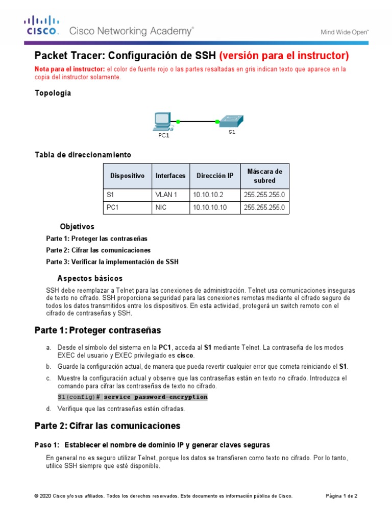 5.2.1.4 Packet Tracer - Configuring SSH Instruction - ILM | PDF | Cubierta segura | Contraseña