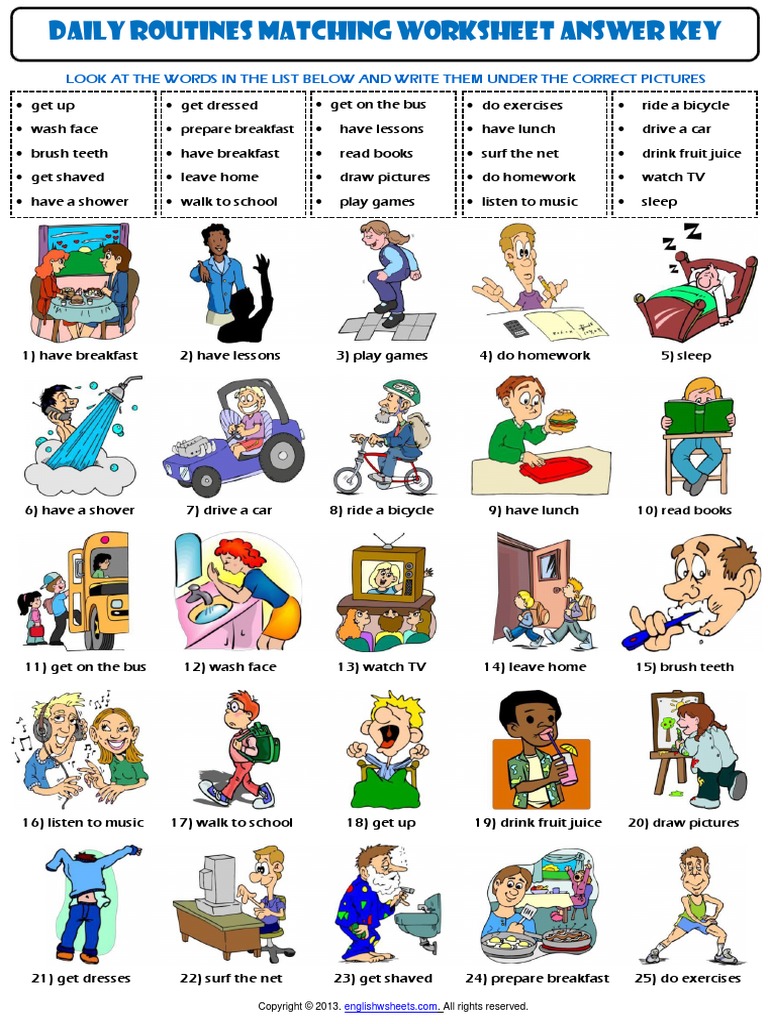 Daily Routines Matching Worksheet Answer Key | PDF