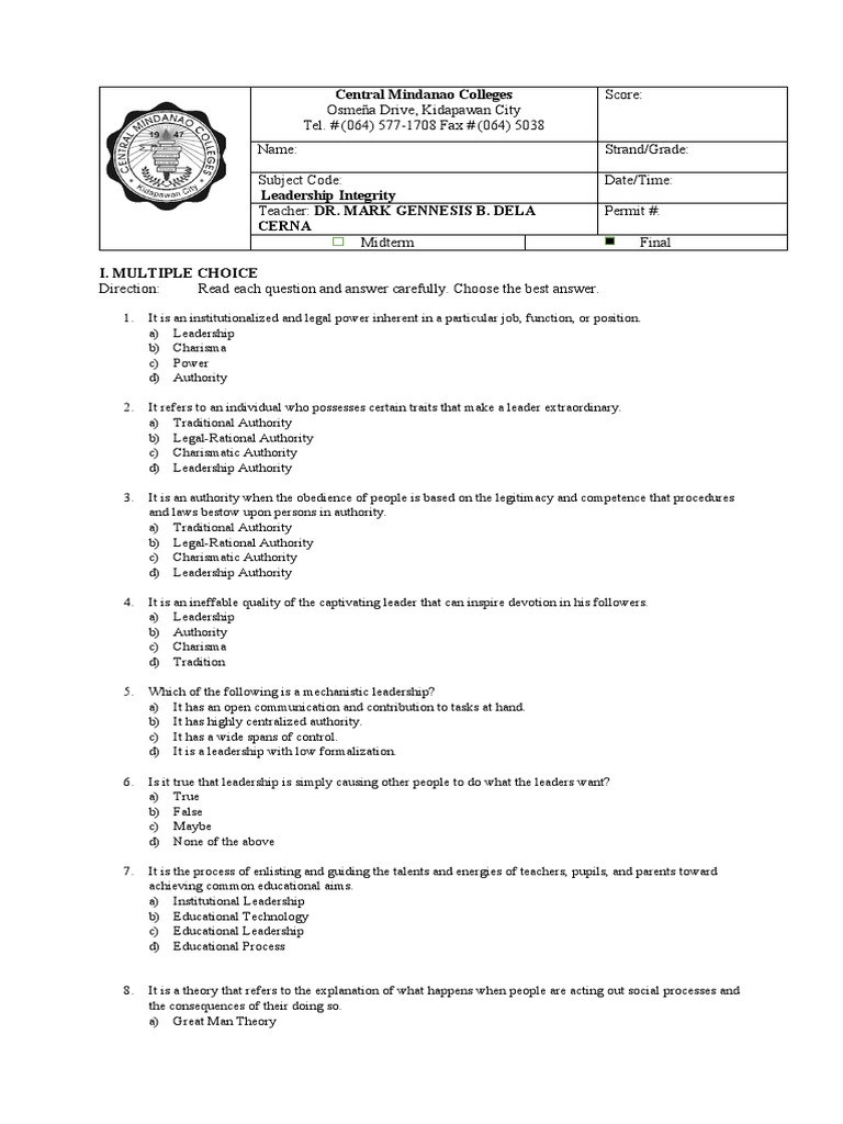Final-Exam Multiple Choice | Download Free PDF | Leadership | Motivation